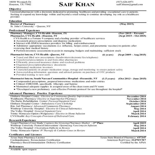 Pharmacist Saif Khan Resume 2016 | DOCX | Pharmaceutical Industry | Industries