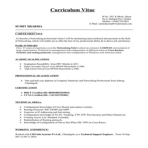 Sumit resume | DOC | Computer Networking | Computing
