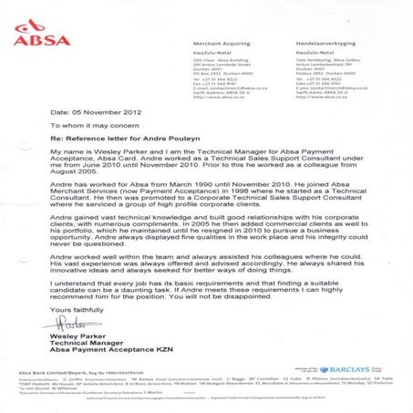 Reference Letter ABSA Andre Pouleyn | PDF