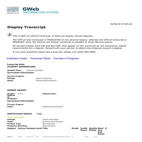 Unofficial Transcript - Oct 2016 | PDF