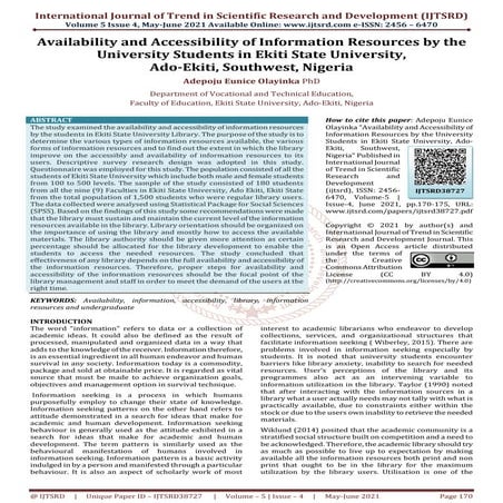 Availability and Accessibility of Information Resources by the University Students in Ekiti ...