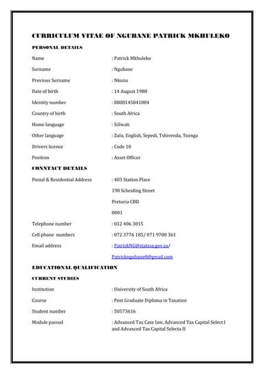 CURRICULUM VITAE. afrikaans docx | PDF