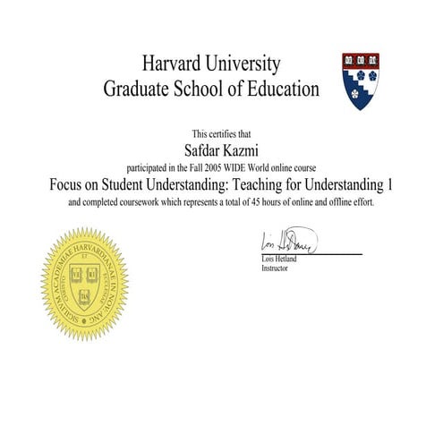 Certificate - Teaching for understanding 1 Harvard Graduate School of ...