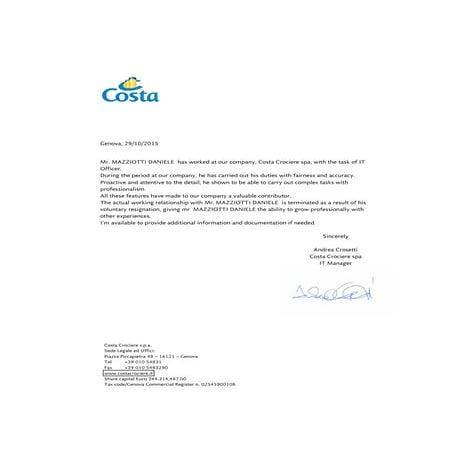 Reference Letter Costa Cruise | PDF