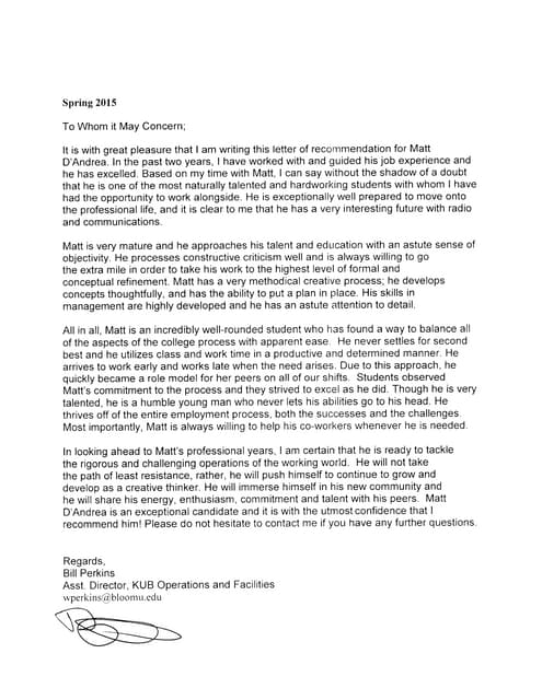 Colleen Letter of Reccommendation for Matt D'Andrea | PDF
