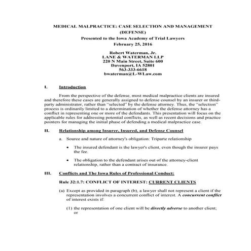 MEDICAL MALPRACTICE - CASE SELECTION AND MANAGEMENT (DEFENSE) | PDF