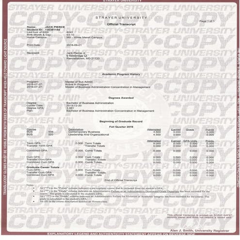 Strayer Official Transcript