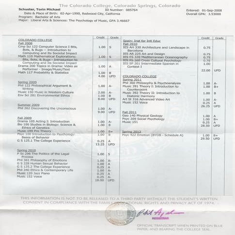Torin Schuster College Transcript | PDF