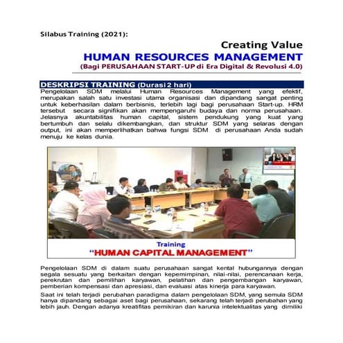 (2021) Silabus Training "Creating Value HUMAN RESOURCES MANAGEMENT (HRM ...