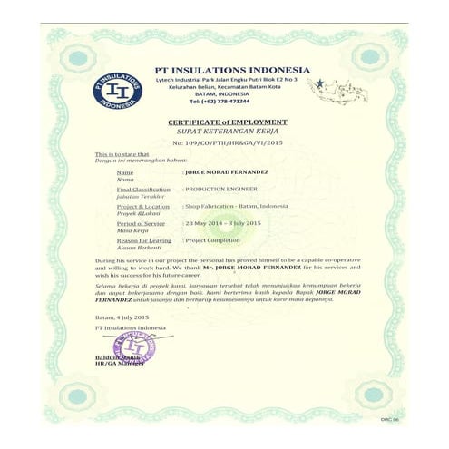 Certificado Insulations Indonesia | PDF