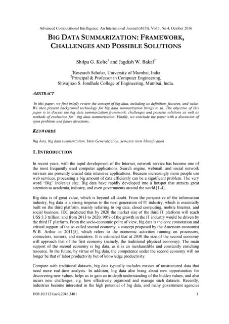 Big Data Summarization Framework Challenges And Possible Solutions Pdf