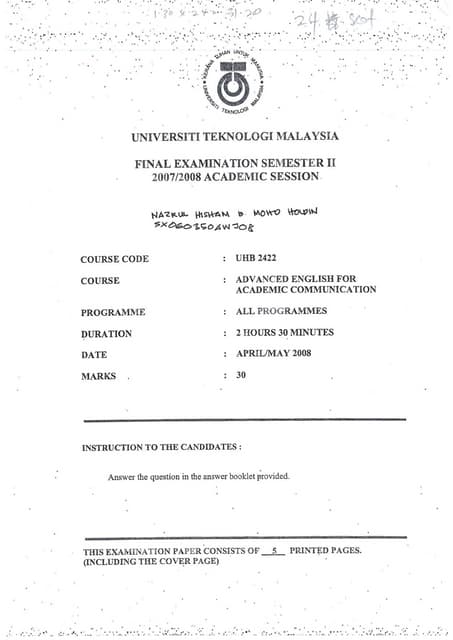 ULAB3122 / UHS3022 - Final Exam Paper (2009) | PDF
