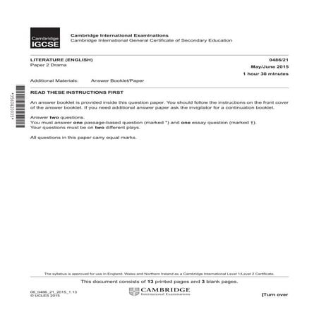 IGCSE past paper Lit | PDF