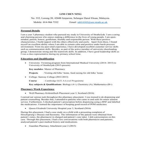 Lim Chen Ning%27s CV | PDF