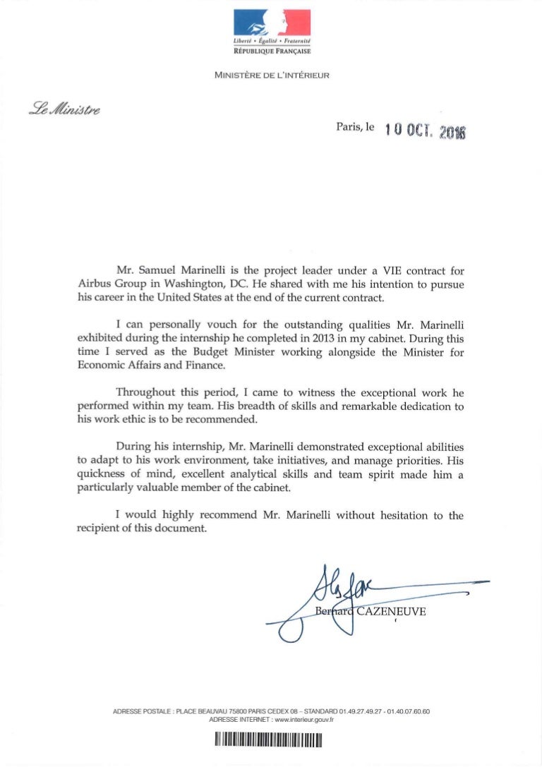 Recommendation Letter - French Prime Minister Bernard Cazeneuve