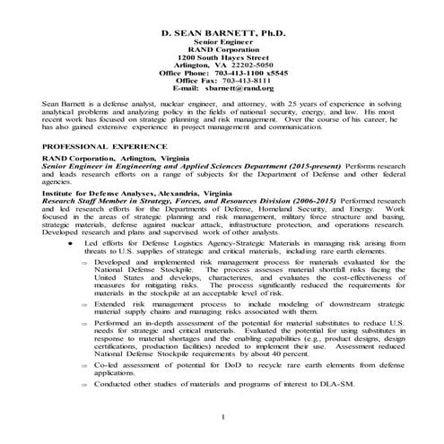 Sean Barnett CV 11-12-15 | DOCX | Defense Industry | Industries