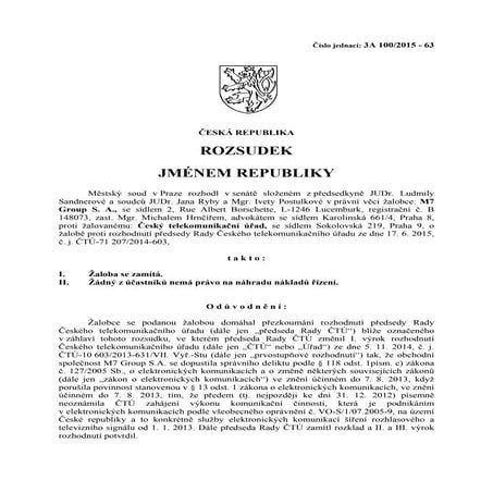 Rozsudek odvolacího soudu v kauze pokuty pro platformu Skylink | PDF