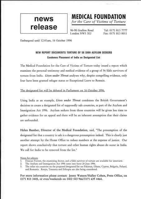 Refugee Council, news release | PDF