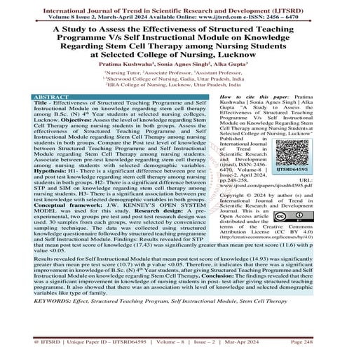 A Study to Assess the Effectiveness of Structured Teaching Programme V s Self Instructional ...