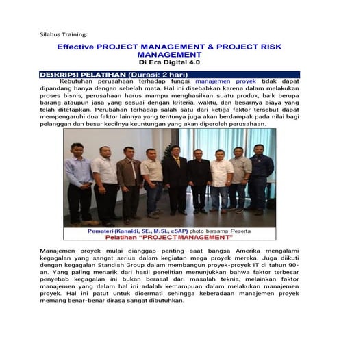 Silabus Training "Effective PROJECT MANAGEMENT & PROJECT RISK ...