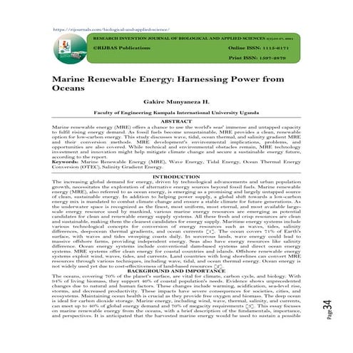 Marine Renewable Energy: Harnessing Power from Oceans | PDF