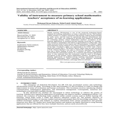 Validity of instrument to measure primary school mathematics teachers’ acceptance of m-learning ...
