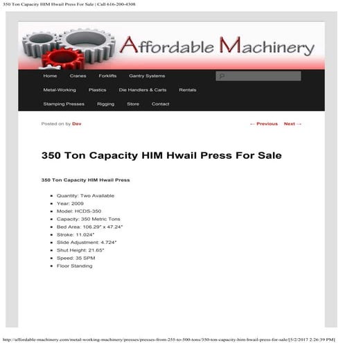 350 Ton Capacity HIM Hwail Press For Sale | PDF
