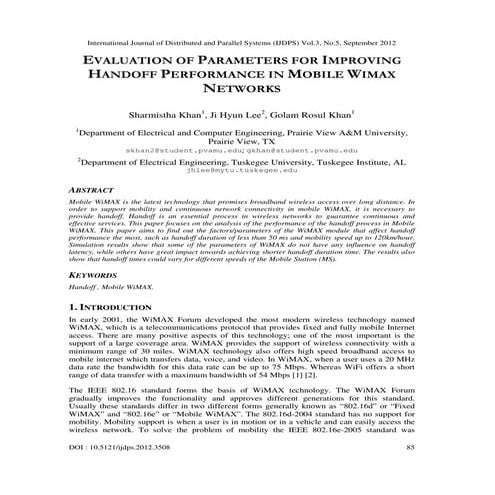 Evaluation Of Parameters For Improving Handoff Performance In Mobile 8518