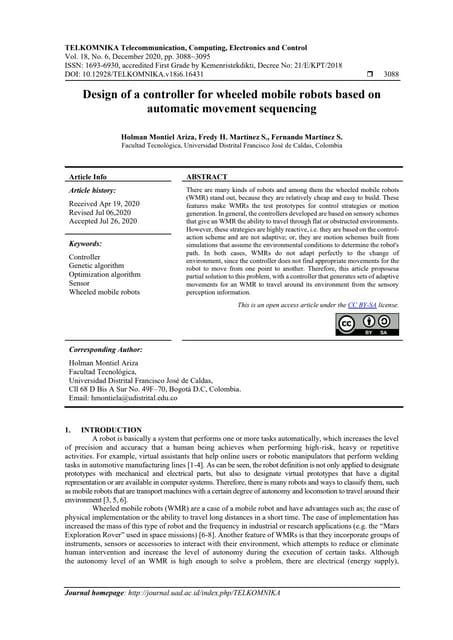 Design Of A Controller For Wheeled Mobile Robots Based On Automatic Movement Sequencing Pdf