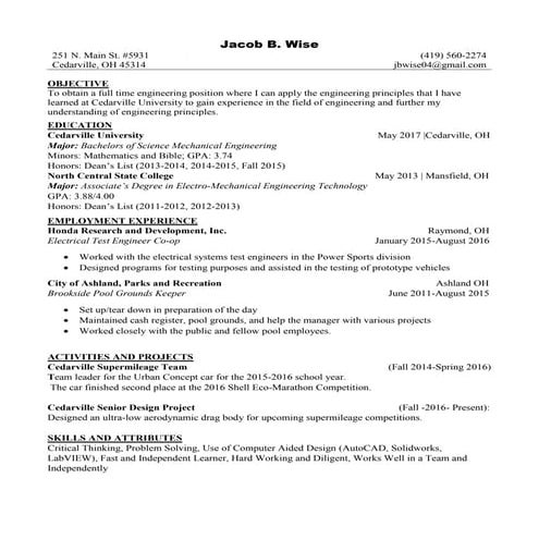 Resume Fall 2016- Jacob Wise | PDF