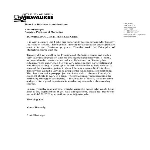 UWM Marketing Professor Bhatnagar letter of recommendation for Tim ...