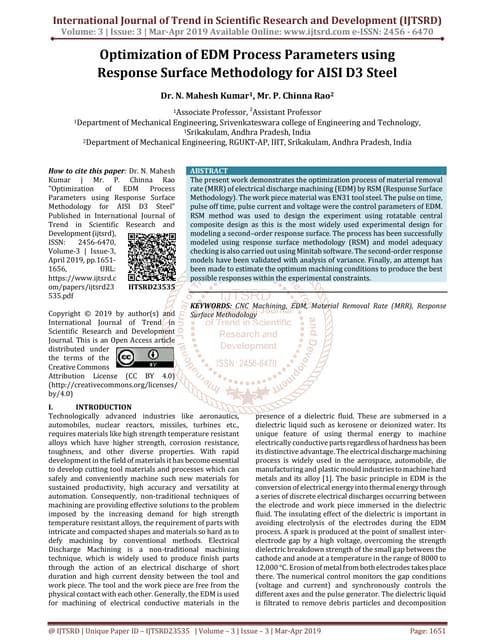 Optimization Of Edm Process Parameters Using Response Surface 6703
