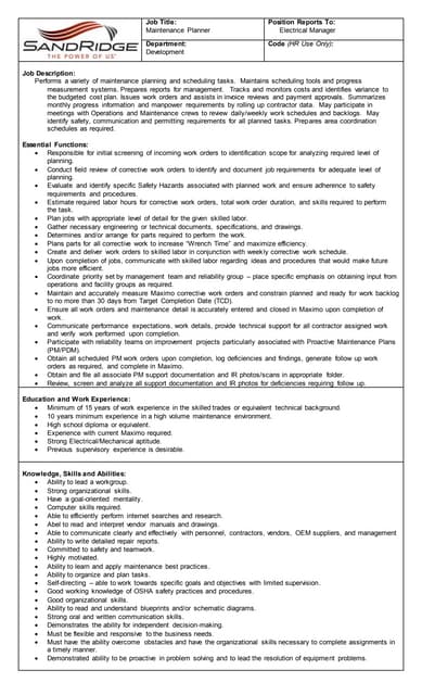 Maintenance Planner Job Description | PDF | Business | Business and Finance