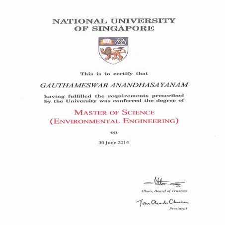 NUS - Master Degree Certification - Gauthameswar Anandhasayanam | PDF