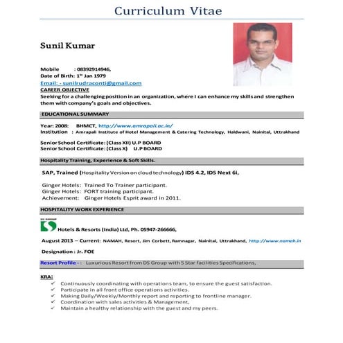Sunil CV | DOCX | Hotels and Motels | Travel Type