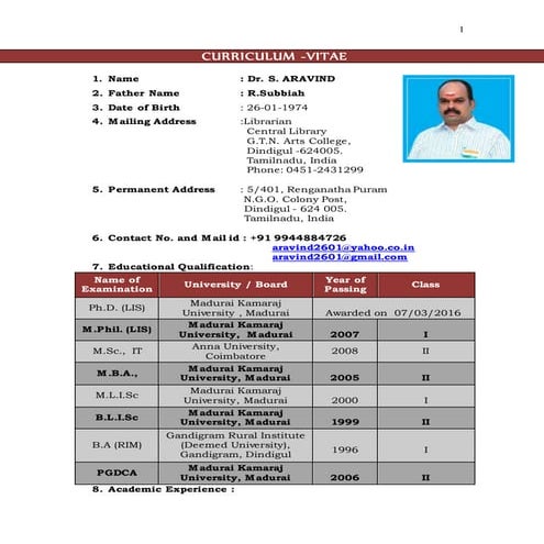 aravind bio data | DOCX