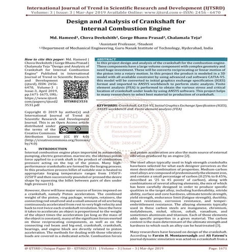 Design and Analysis of Crankshaft for Internal Combustion Engine | PDF