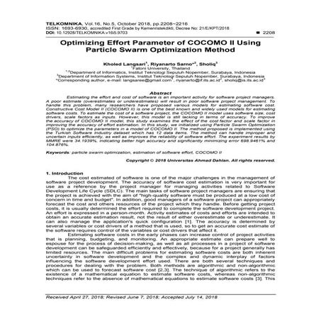 Optimizing Effort Parameter Of Cocomo Ii Using Particle Swarm Optimization Method Pdf 9066