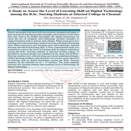 A Study to Assess the Level of Learning Skill on Digital Technology among the B.Sc. Nursing ...