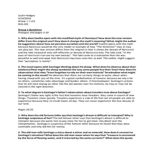 the_alchemist_study_questions Group 1 Justin Hodges | DOCX