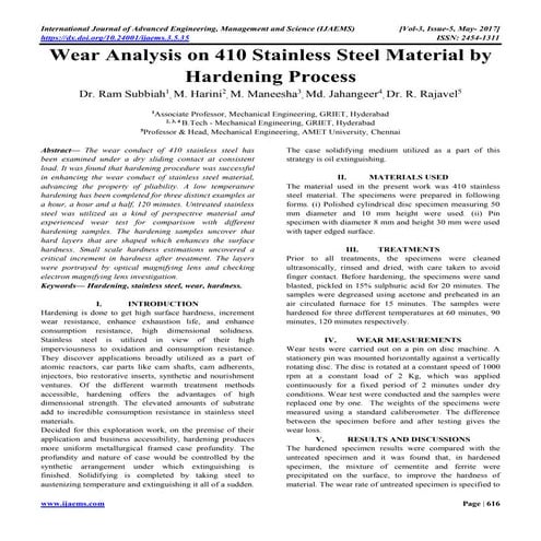 Wear Analysis on 410 Stainless Steel Material by Hardening Process | PDF