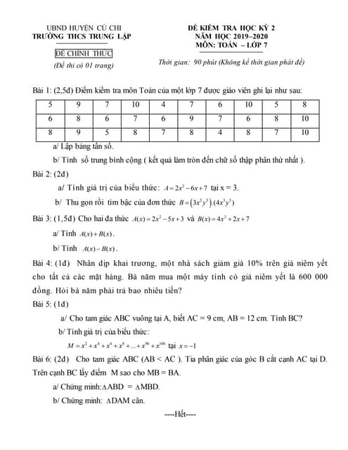 Đề Thi HK2 Toán 7 - THCS Phan Bội Châu | PDF
