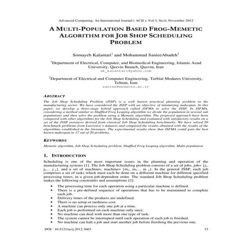A Multi Population Based Frog Memetic Algorithm For Job Shop Scheduling Problem Pdf