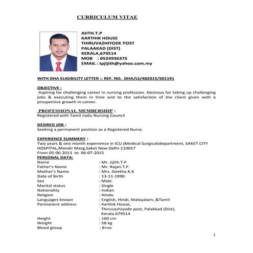 Jijith's cv with DHA Eligibity letter | PDF