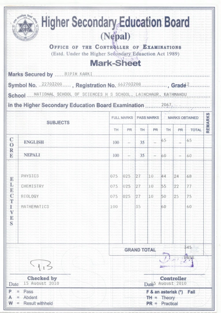 Grade 12 Marksheet