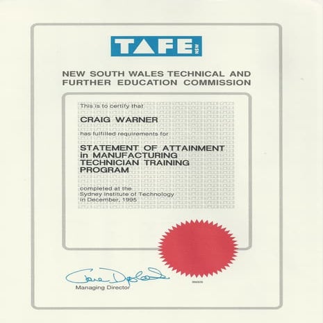 TAFE Statement of attainment in manufacturing technician training ...