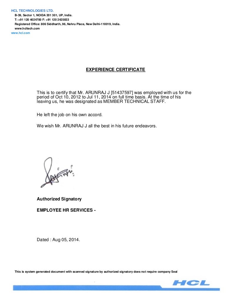 Experience Certificate Format Marketinglasopa