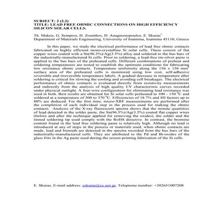 Lead Free Ohmic Contacts On High Efficiency Silicon Solar Cells Pdf