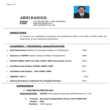 CV Abid Rasool (HSE Engineer). | PDF