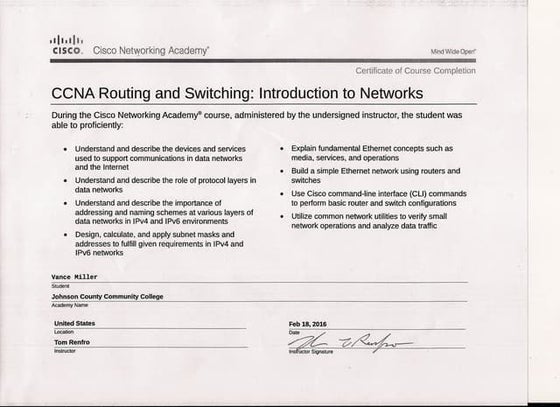 CCNA Certificate of Course Completion | PPT